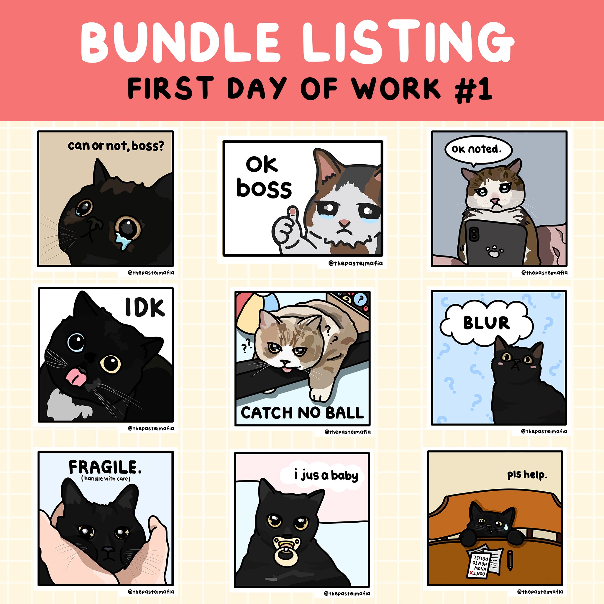 "first day at work" cat meme sticker bundles – the pastel mafia