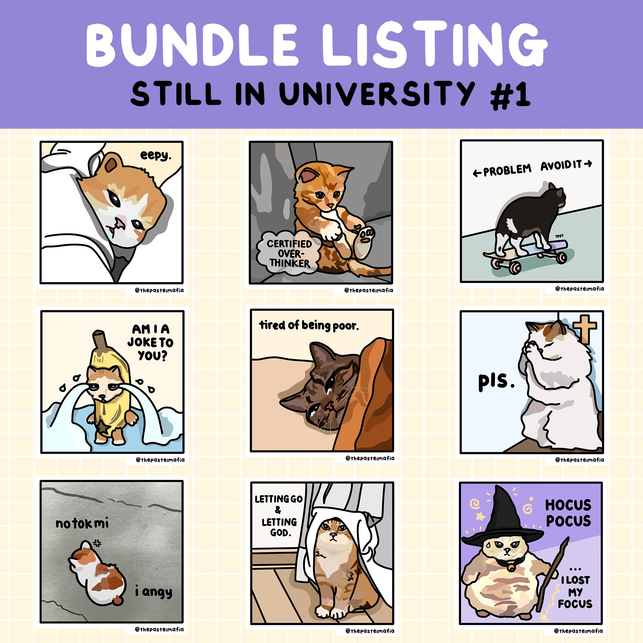"still in university" cat meme sticker bundles – the pastel mafia