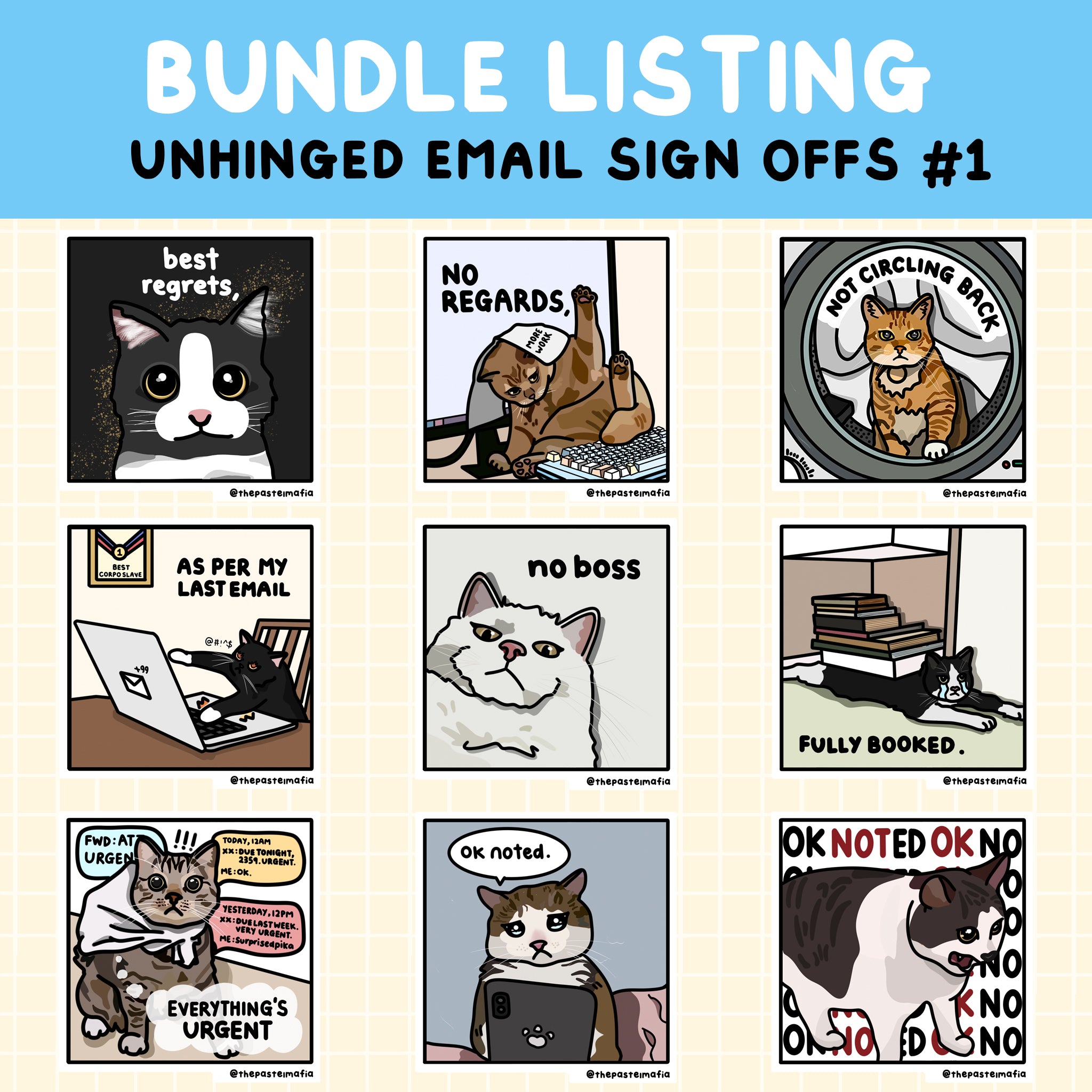 "unhinged email sign-offs" cat meme sticker bundles – the pastel mafia